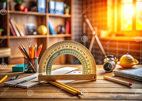 Educational And Engineering Design Tools Protractor And Drafting Supplies On A Wooden Desk High