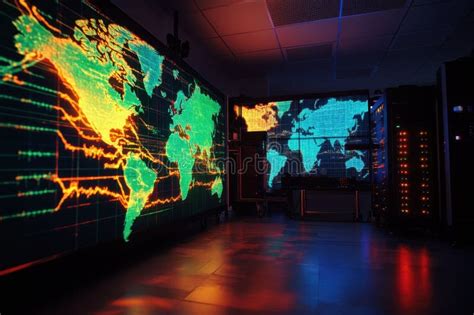 Global Network Data Visualization In A High Tech Control Room At Night Stock Illustration