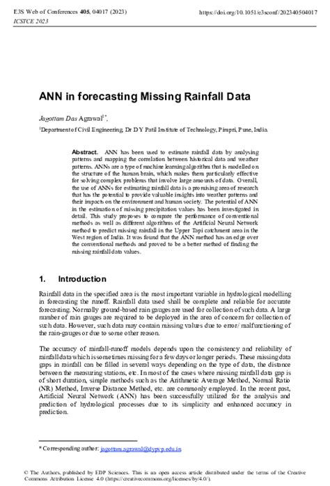 Pdf Ann In Forecasting Missing Rainfall Data Dr Jagottam Das