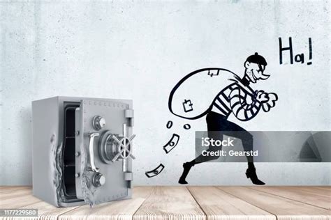 흰색 나무 바닥에 깨진 오픈 금고의 3d 렌더링 및 돈 가방과 만화 강도와 Ha 흰색 벽 배경에 기호 도둑질 범죄에 대한 스톡 사진 및 기타 이미지 Istock