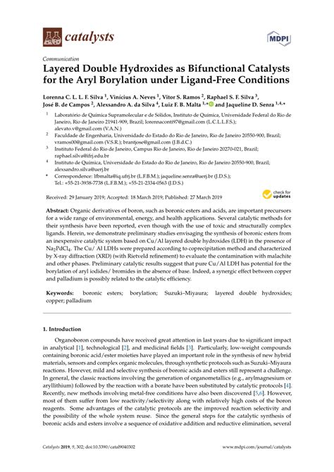 Pdf Layered Double Hydroxides As Bifunctional Catalysts For The Aryl Borylation Under Ligand