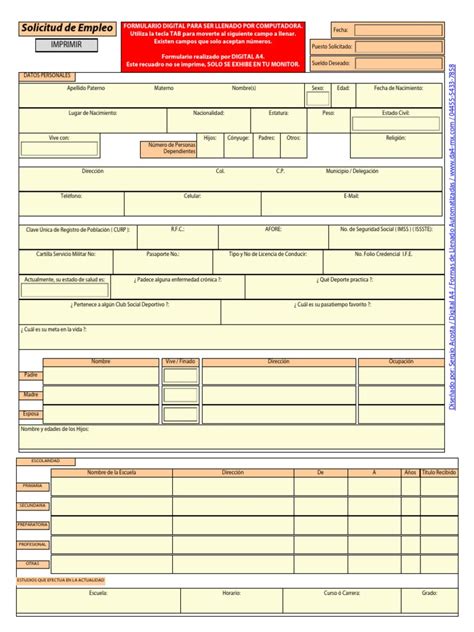 Formulario Digital Para Ser Llenado En Computadora Solicitud De Empleo Pdf Informática Y