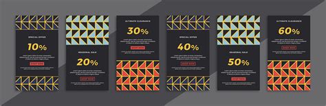 기하학적 패턴의 어두운 수직 홍보 웹 배너 소셜 미디어 모바일 앱 스토리에 대한 현대 판매 및 할인 프로모션 배경 세트 간단한 벡터 편집 가능한 배경 Eps 10 가격에