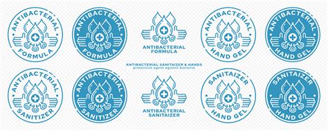 제품 포장을 위한 개념 마킹 항균 포뮬러 및 소독제 항균 젤의 상징인 방울과 손 의료 미생물 아이콘 벡터 집합입니다 건강관리와 의술에 대한 스톡 벡터 아트 및 기타 이미지