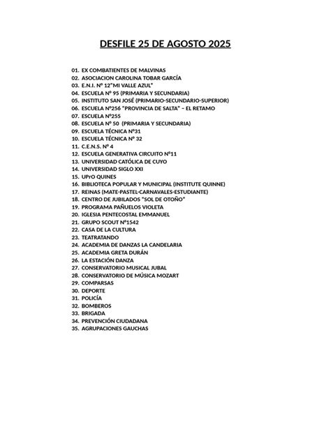 Orden Del Desfile 25 De Agosto 2025 Pdf