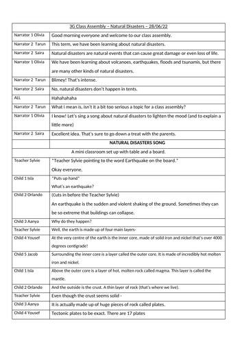 Natural Disasters Assembly Script Teaching Resources