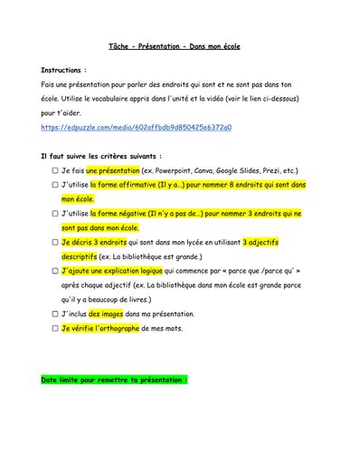French Assignment Dans Mon école In My School Teaching Resources