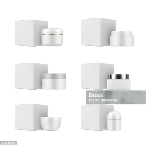 항아리 크림 및 포장 현실적인 벡터 일러스트 화장품 플라스틱 및 카드 상자의 컬렉션 3차원 형태에 대한 스톡 벡터 아트 및 기타 이미지 3차원 형태 개체 그룹 건강