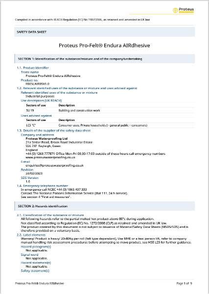 Safety Data Sheet Proteus Pro Felt® Endura Airdhesive Proteus