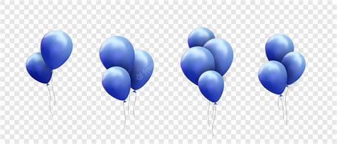 투명 한 배경 벡터 일러스트 레이 션에 고립 된 리본으로 현실적인 파란색 풍선 렌더링의 집합 프리미엄 벡터