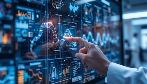 Analyzing Digital Data On Screen With Touchscreen Technology In Lab Stock Illustration
