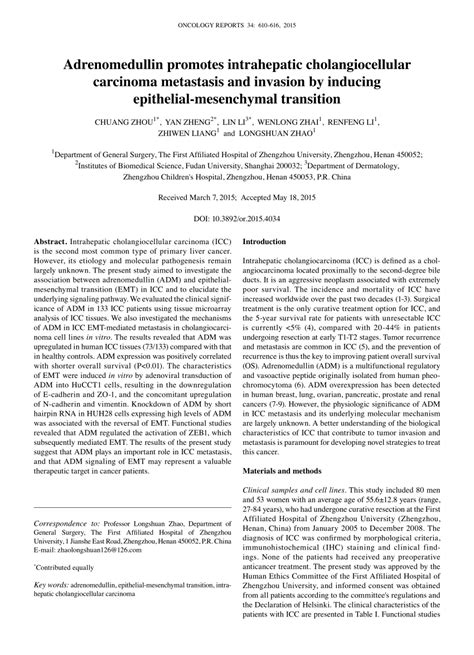 Pdf Adrenomedullin Promotes Intrahepatic Cholangiocellular Carcinoma Metastasis And Invasion
