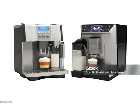 다른 커피 음료를 위한 카푸치노 메이커가 있는 커피 머신의 3d 그림 그룹은 그림자가 없는 흰색 배경에 전면 보기 0명에 대한 스톡 사진 및 기타 이미지 Istock
