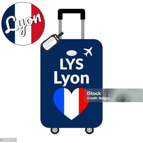 공항 역 코드 Iata 또는 위치 식별자 및 목적지 도시 이름 리옹 Lys와 수하물 여행 프랑스 유럽 개념 수하물에 프랑스의 하트 모양의 국기 가방에 대한 스톡 벡터 아트
