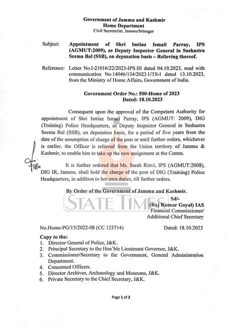 Imtiaz Ismail Parray Appointed As Dig Ssb Statetimes