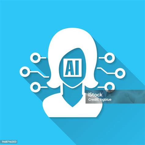 여성의 얼굴을 가진 인공 지능 Ai 파란색 배경에 아이콘 긴 그림자가 있는 평면 디자인 3차원 형태에 대한 스톡 벡터 아트 및 기타 이미지 Istock