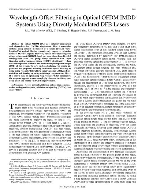 Pdf Wavelength Offset Filtering In Optical Ofdm Imdd Systems Using Directly Modulated Dfb Lasers