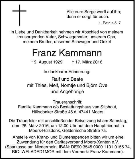 Traueranzeigen Von Franz Kammann Trauer In Nrw De