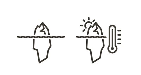 벡터 얇은 선 아이콘 개요 선형 스트로크 그림입니다 빙산과 빙산이 기후 변화와 지구 온난화를 나타내는 온도계로 녹고 있습니다 개념에 대한 스톡 벡터 아트 및 기타 이미지