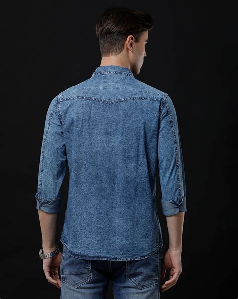 Mens Slim Fit Solid Denim Casual Shirt Aplit Temple Of Denim