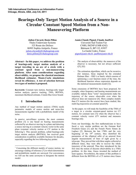 Pdf Bearings Only Target Motion Analysis Of A Source In A Circular Constant Speed Motion From
