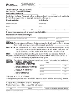 Kaiser Permanente Authorization For Use Or Disclosure Form Fill And
