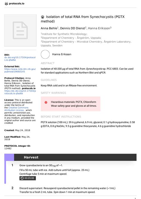Pdf Isolation Of Total Rna From Synechocystis Pgtx Method V1