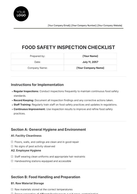 Free Food Safety Inspection Checklist Template To Edit Online