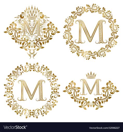 Golden Letter M Vintage Monograms Set Heraldic Vector Image