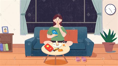晚上客厅插画 晚上客厅配图 千库网