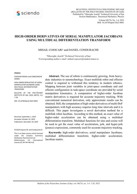 Pdf High Order Derivatives Of Serial Manipulator Jacobians Using Multidual Differentiation