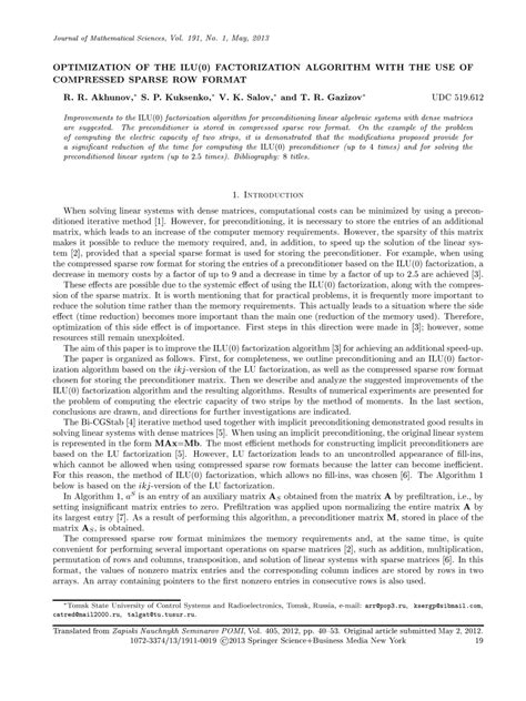 PDF Optimization Of The ILU Factorization Algorithm With The Use Of Compressed Sparse Row