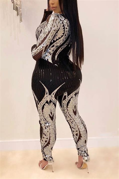 Plus Size Fashion Long Sleeve Perspective Sequin Ankle Pants Jumpsuit Sequin Jumpsuit