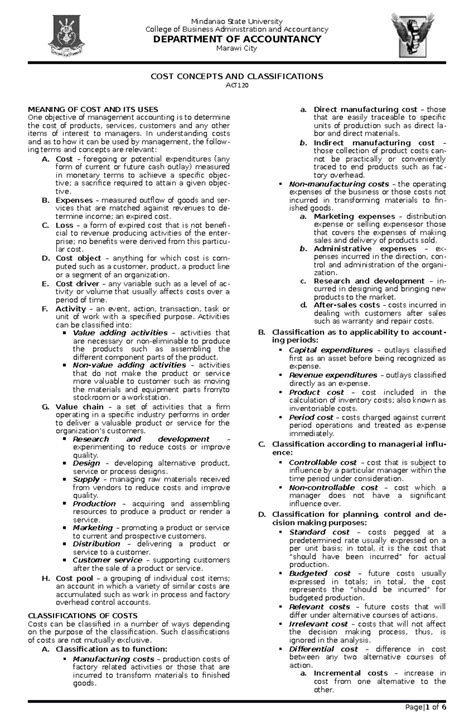 Cost Concept And Classification Mindanao State University College Of Business Administration