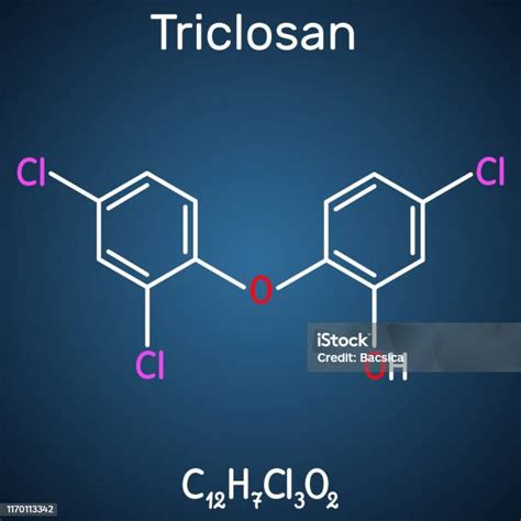 트리클로산 분자 항균 항균 항진균 활성을 가진 폴리 클로로 페녹시 페놀입니다 진한 파란색 배경의 구조 화학 식 Mrsa에 대한 스톡 벡터 아트 및 기타 이미지 Istock