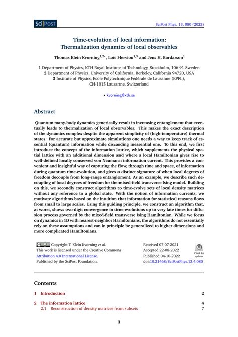 Pdf Time Evolution Of Local Information Thermalization Dynamics Of