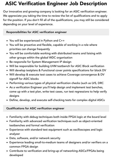 ASIC Verification Engineer Job Description Velvet Jobs