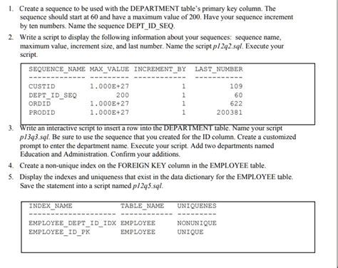 1 Create A Sequence To Be Used With The Department Tables Primary Key