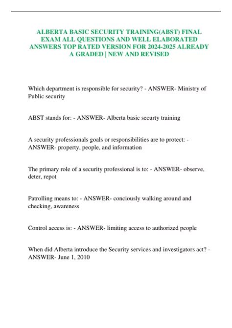 ALBERTA BASIC SECURITY TRAINING ABST FINAL EXAM ALL QUESTIONS AND WELL ELABORATED ANSWERS TOP