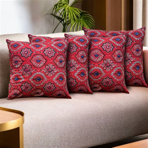 Cotton Cushion Covers Embroidered And Block Printed In Brick Red