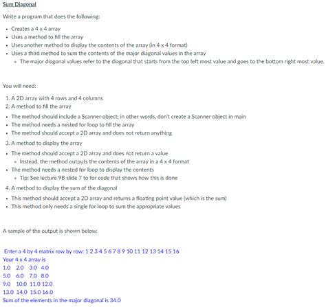 Solved Sum Diagonal Java Write A Program That Does The