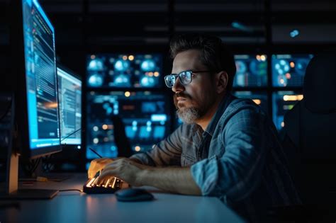 Premium Photo Male Software Engineer Working On Multiple Computers In