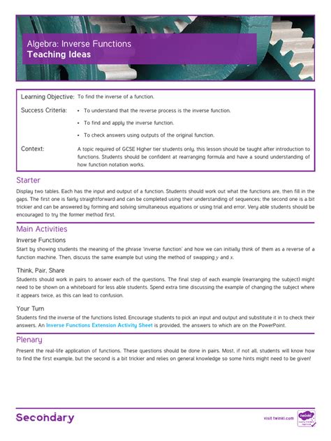 Inverse Functions Teaching Ideas Pdf
