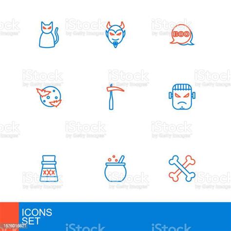 교차 된 뼈 할로윈 마녀 가마솥 물약이 든 병 프랑켄슈타인 얼굴 달과 별 낫 부 말풍선 및 악마 머리 아이콘을 설정합니다 벡터 가득 찬에 대한 스톡 벡터 아트 및 기타