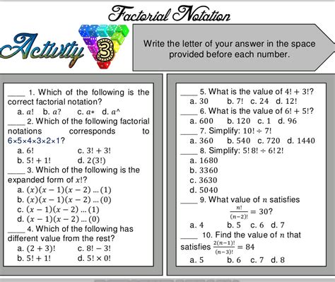 Activity 3 Factorial Notation Write The Letter Of Your Answer In The