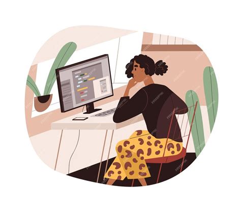 Premium Vector Person Work At Computer Coder Developing Software At