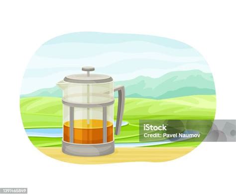 뜨거운 향기로운 음료 양조와 차 녹색 테라스 필드 농장 벡터 일러스트 레이 션과 프랑스 프레스 녹색에 대한 스톡 벡터 아트 및 기타 이미지 Istock