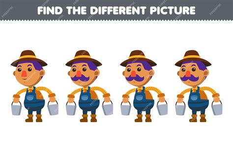 어린이를 위한 교육 게임은 인쇄 가능한 농장 워크시트를 들고 있는 귀여운 만화 콧수염 농부의 다른 그림을 찾습니다 프리미엄 벡터