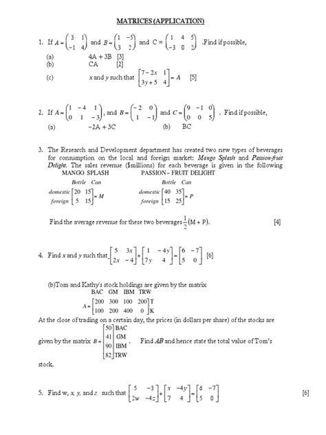 Matrices Application Worksheet Pdf Matrix Mathematics Market Economics