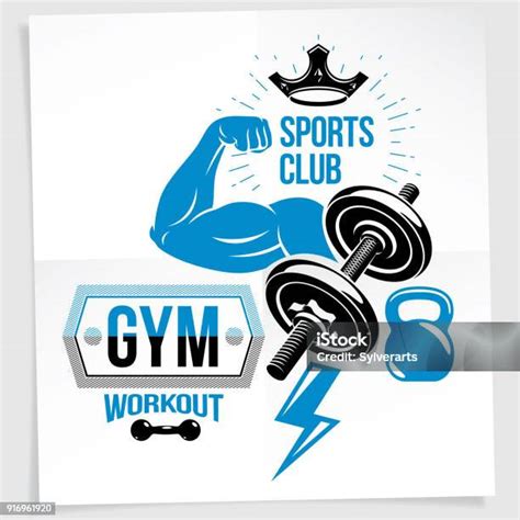 체육관 광고 포스터입니다 벡터 구성 디스크 무게 아령과 주전자 벨 스포츠 장비와 운동 매너 팔 뚝 팔을 사용 하 여 만든 Championship에 대한 스톡 벡터 아트 및